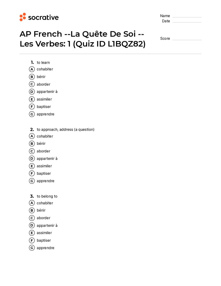 Ap French--La Quête De Soi--Les Verbes 1 – Quiz Shop