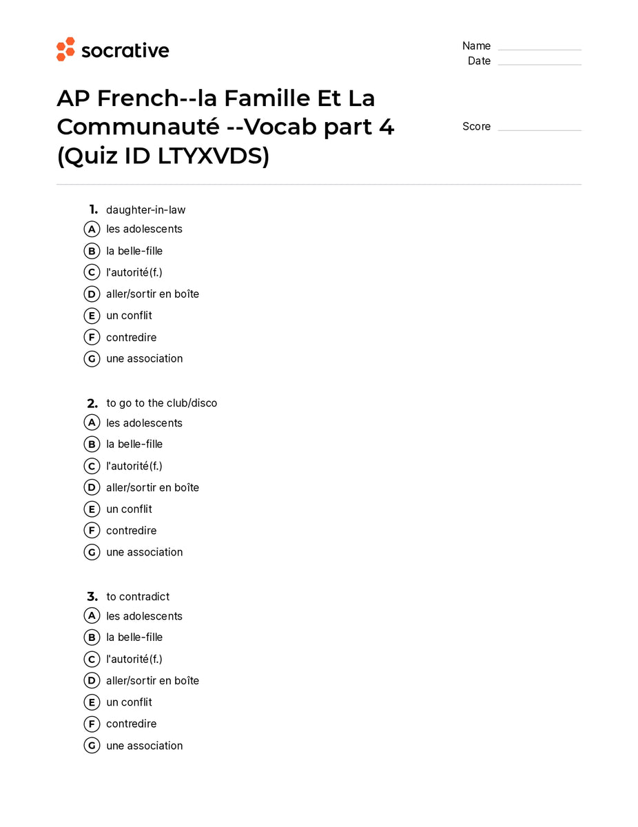 Ap French--La Famille Et La Communauté--Vocab Part 4 – Quiz Shop