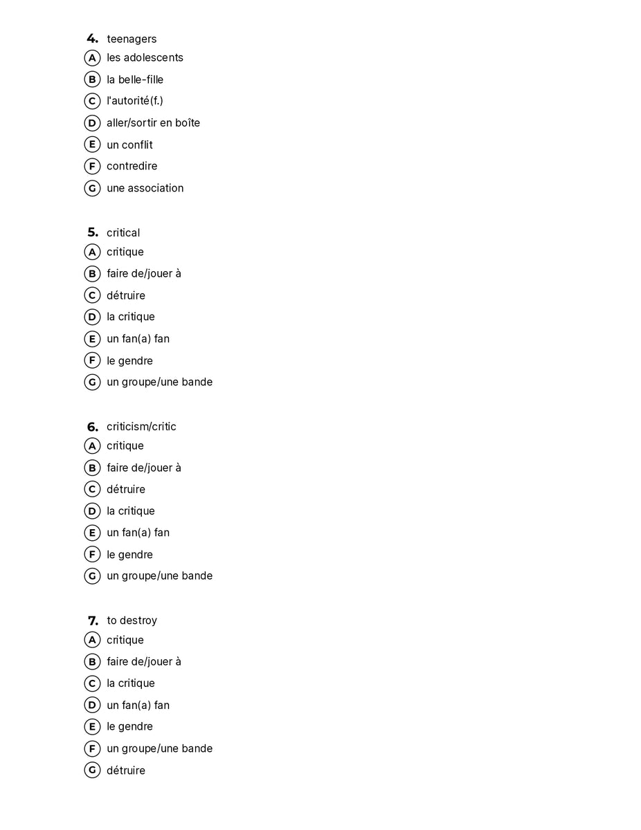 Ap French--La Famille Et La Communauté--Vocab Part 4 – Quiz Shop