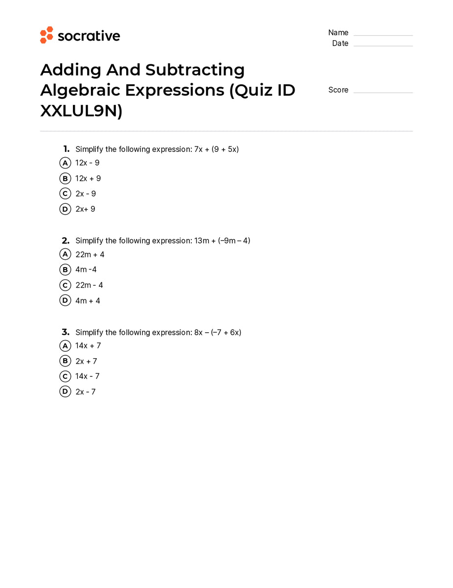 Adding And Subtracting Algebraic Expressions – Quiz Shop