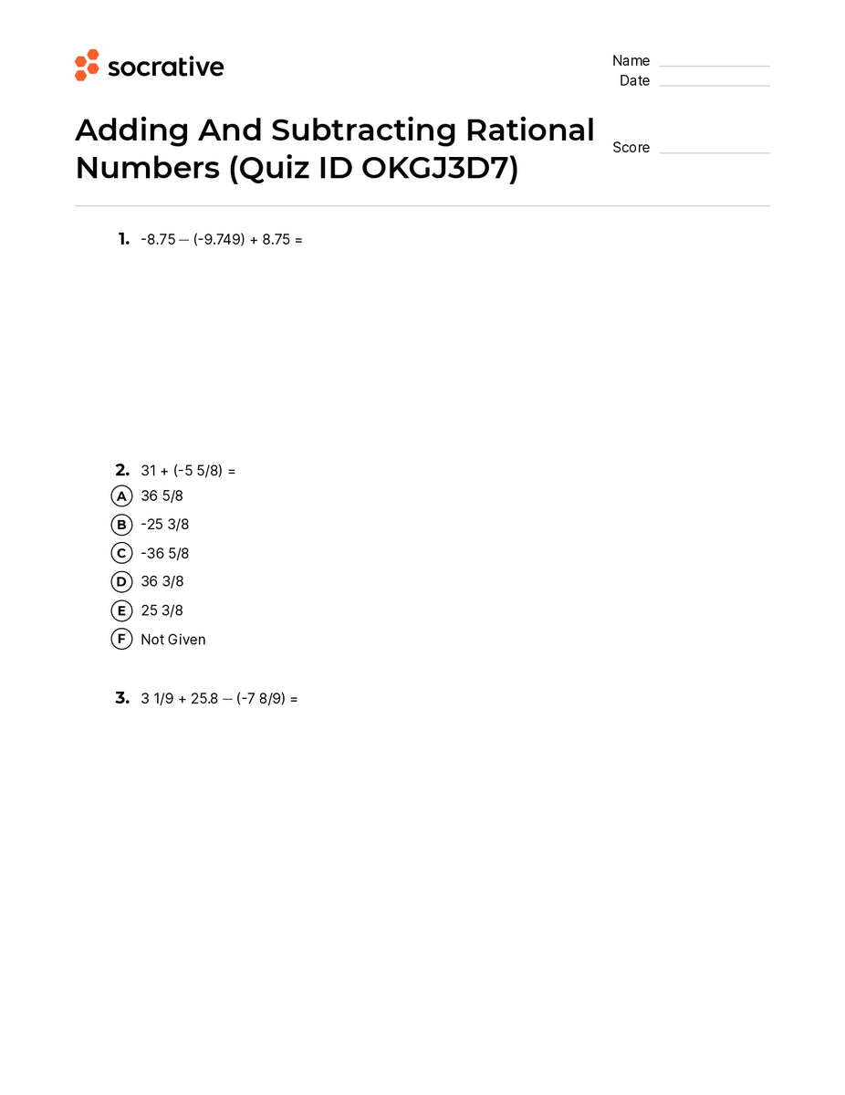 Adding And Subtracting Rational Numbers – Quiz Shop