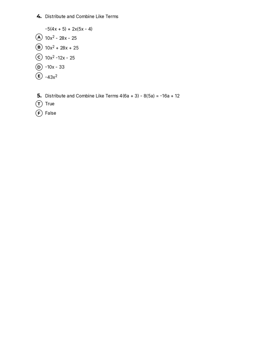Algebra I Combining Like Terms And Distributive Property Quiz Ii – Quiz ...