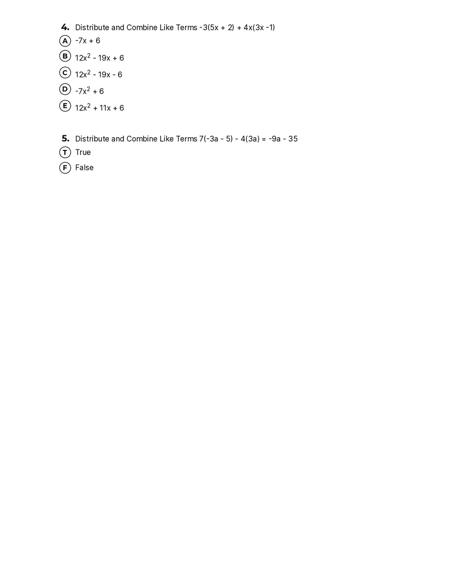 Algebra I Combining Like Terms And Distributive Property Quiz – Quiz Shop