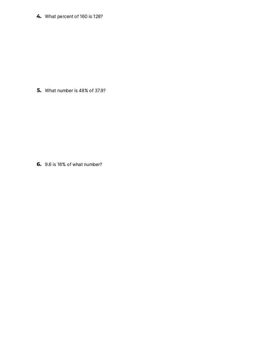 Algebra I Warm-Up Percent Problems – Quiz Shop