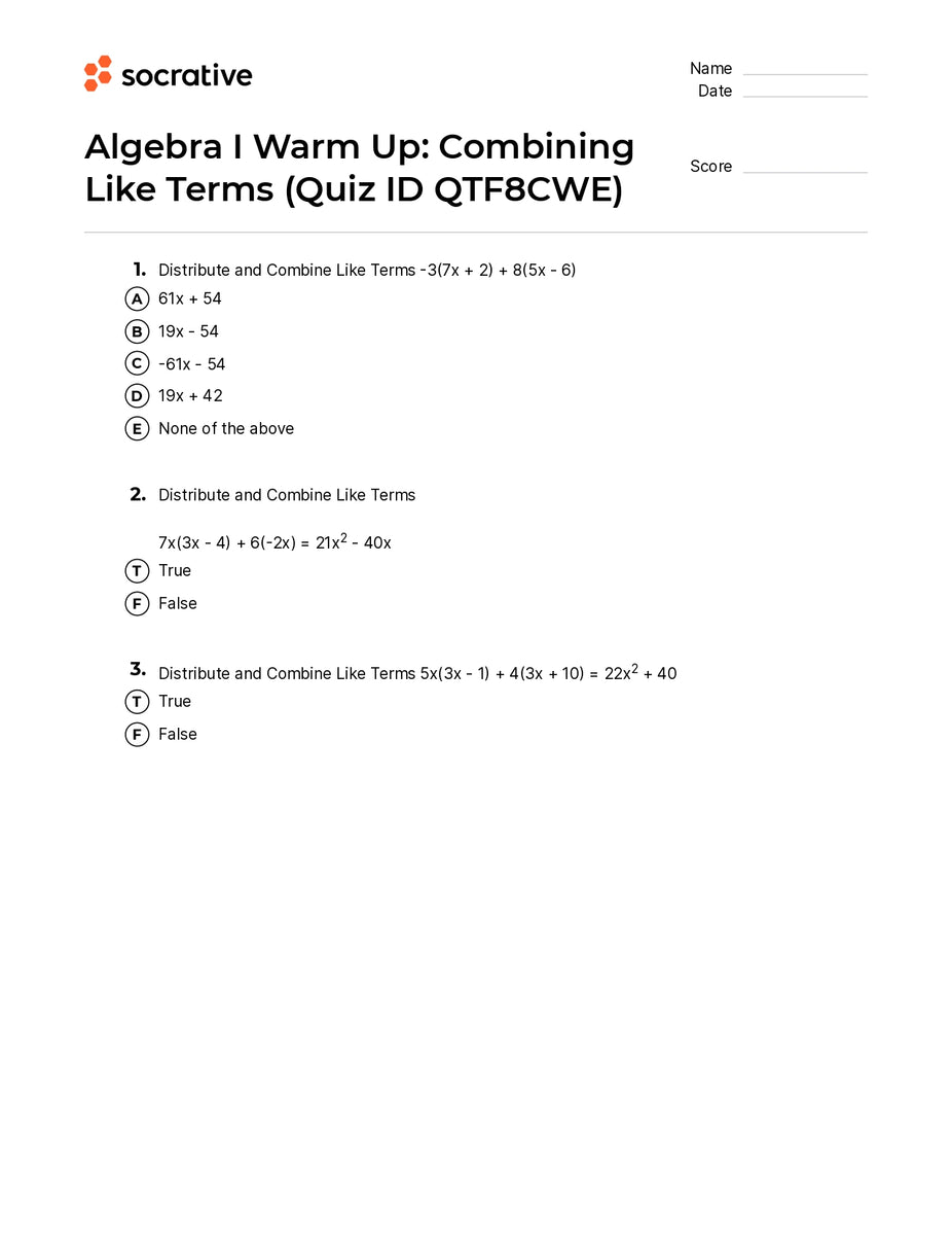 Algebra I Warm Up Combining Like Terms – Quiz Shop