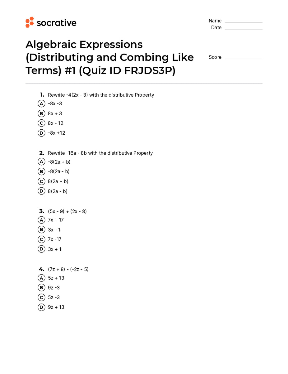 Algebraic Expressions (Distributing And Combing Like Terms) 1 – Quiz Shop