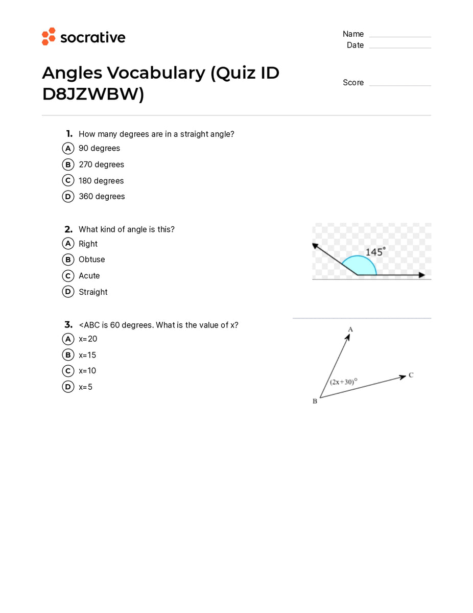 Angles Vocabulary – Quiz Shop