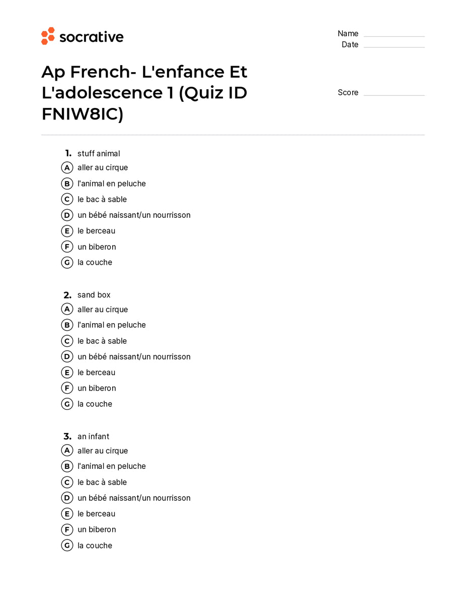 Ap French-L'Enfance Et L'Adolescence 1 – Quiz Shop