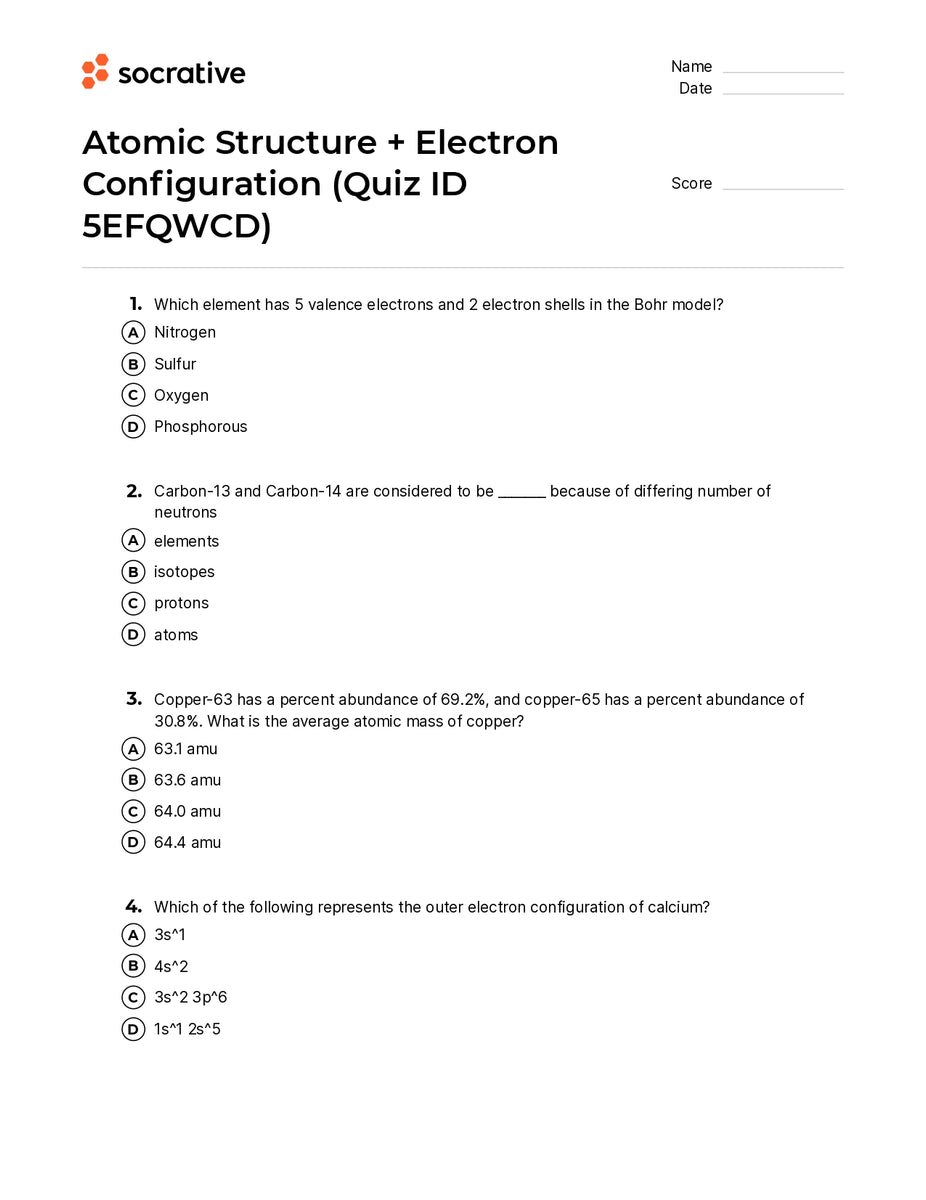 Atomic Structure + Electron Configuration – Quiz Shop