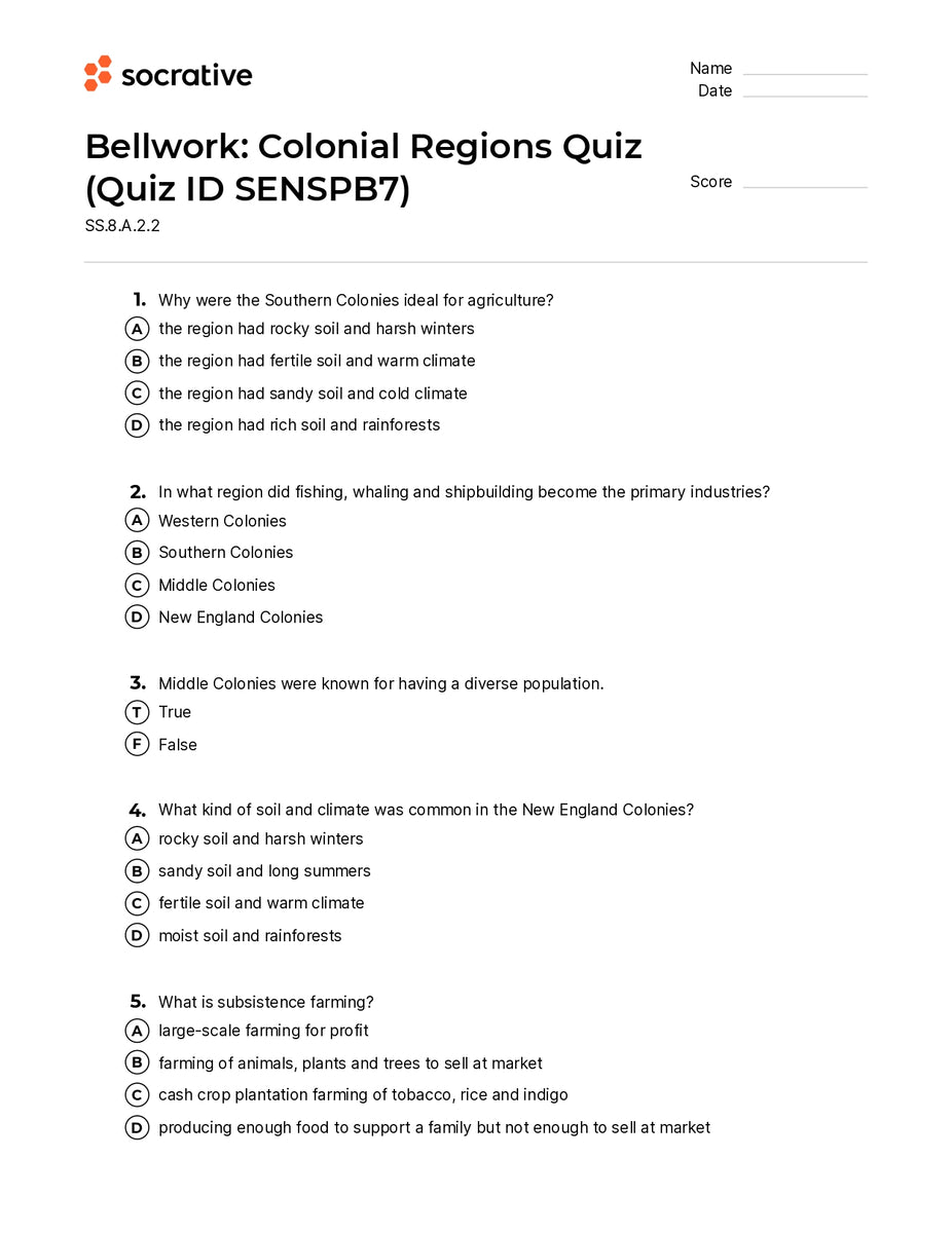 Bellwork Colonial Regions Quiz – Quiz Shop
