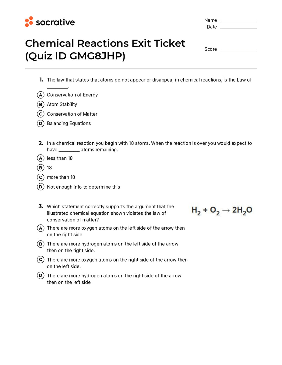 Chemical Reactions Exit Ticket – Quiz Shop