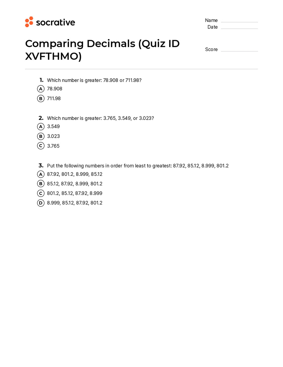 Comparing Decimals – Quiz Shop