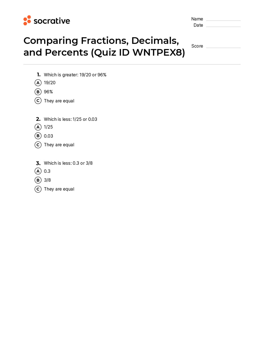 Comparing Fractions Decimals And Percents – Quiz Shop