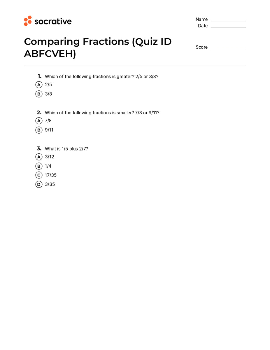 Comparing Fractions – Quiz Shop