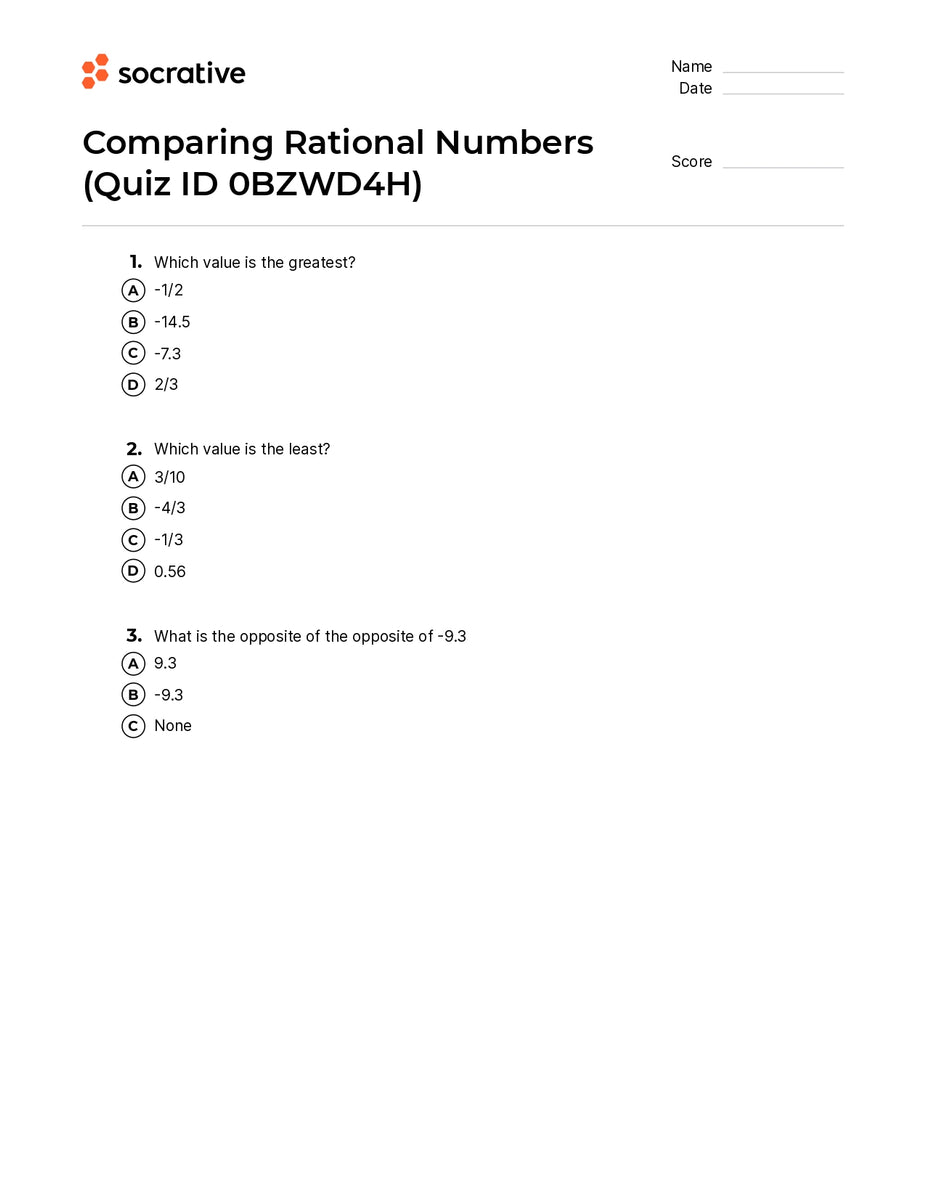 Comparing Rational Numbers – Quiz Shop