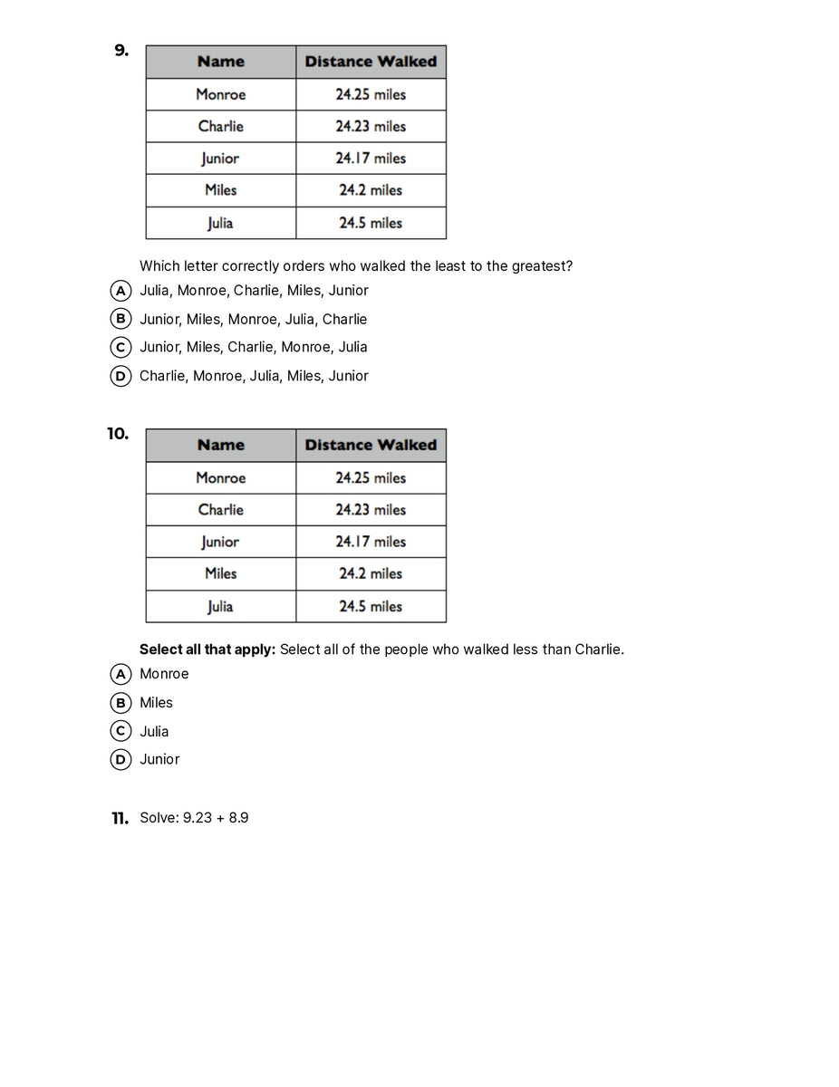 Decimal Unit Test/Quiz – Quiz Shop