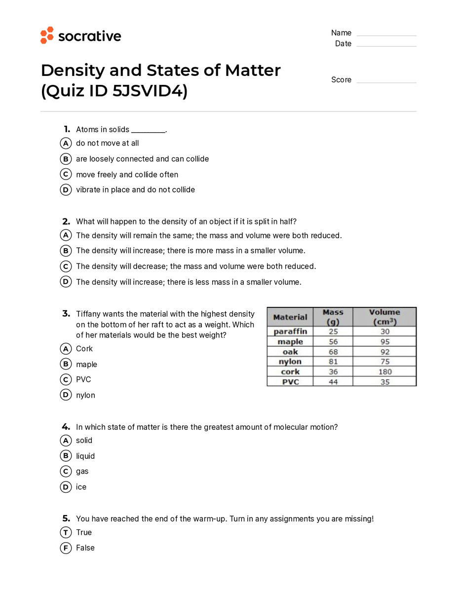 Density And States Of Matter – Quiz Shop