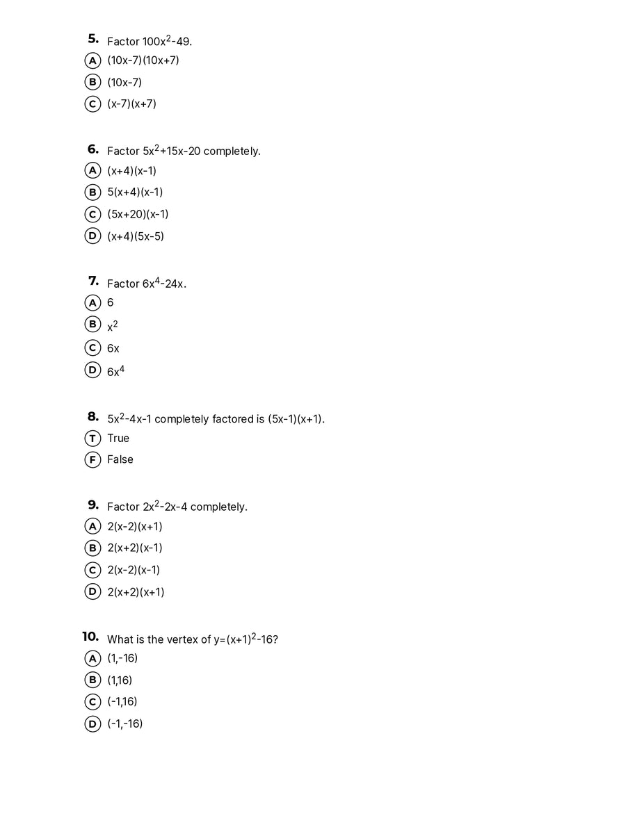 Factoring Quadratics Algebra 1 – Quiz Shop