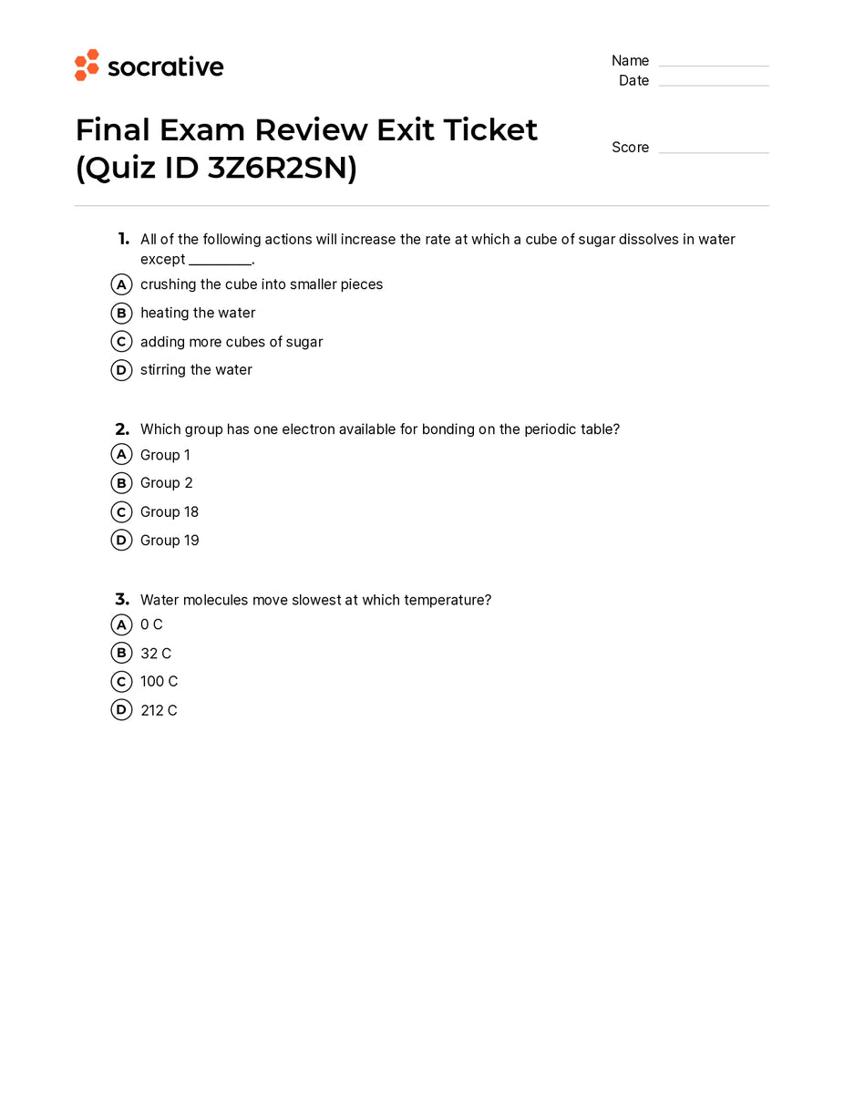 Final Exam Review Exit Ticket – Quiz Shop