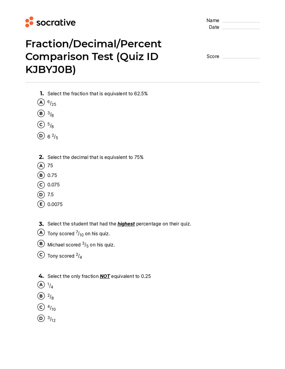 Fraction/Decimal/Percent Comparison Test – Quiz Shop