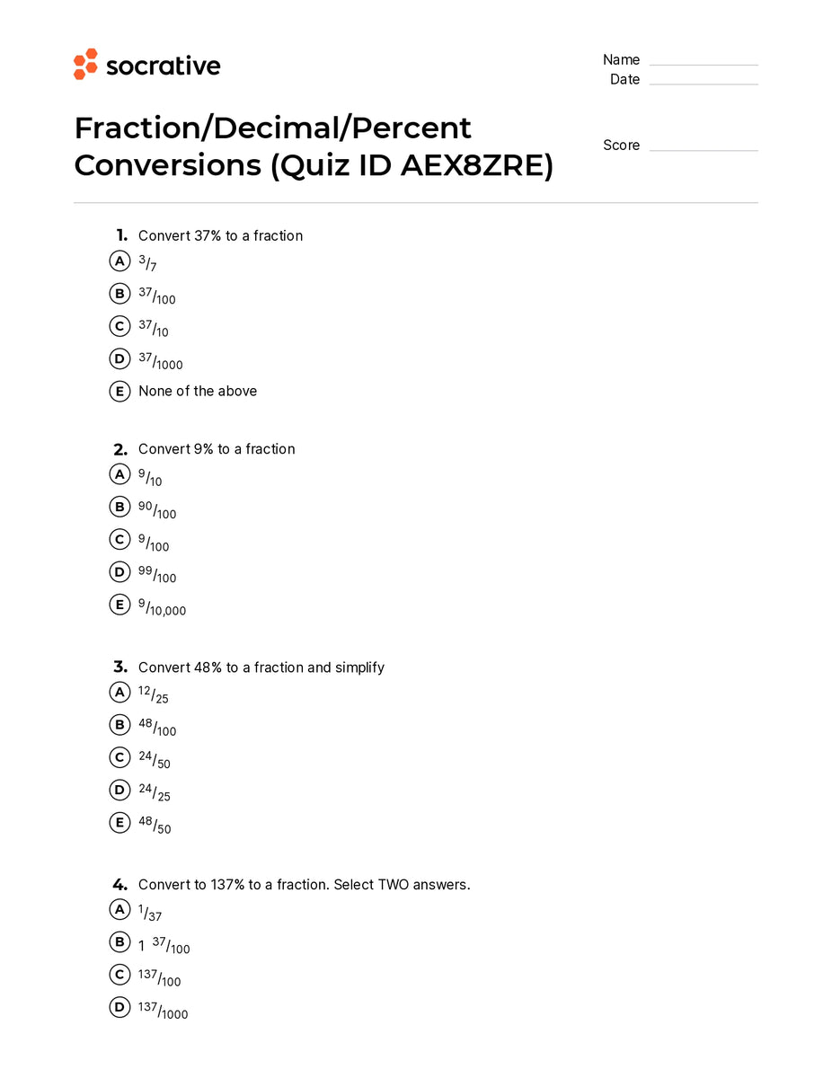 Fraction/Decimal/Percent Conversions – Quiz Shop