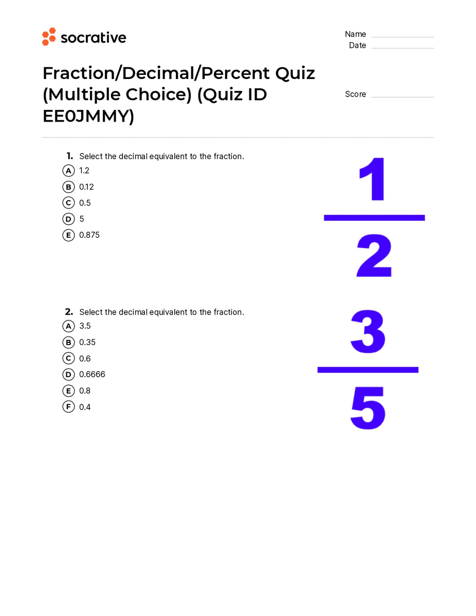 Fraction/Decimal/Percent Quiz (Multiple Choice) – Quiz Shop