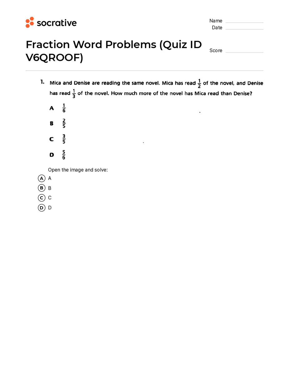 Fraction Word Problems – Quiz Shop