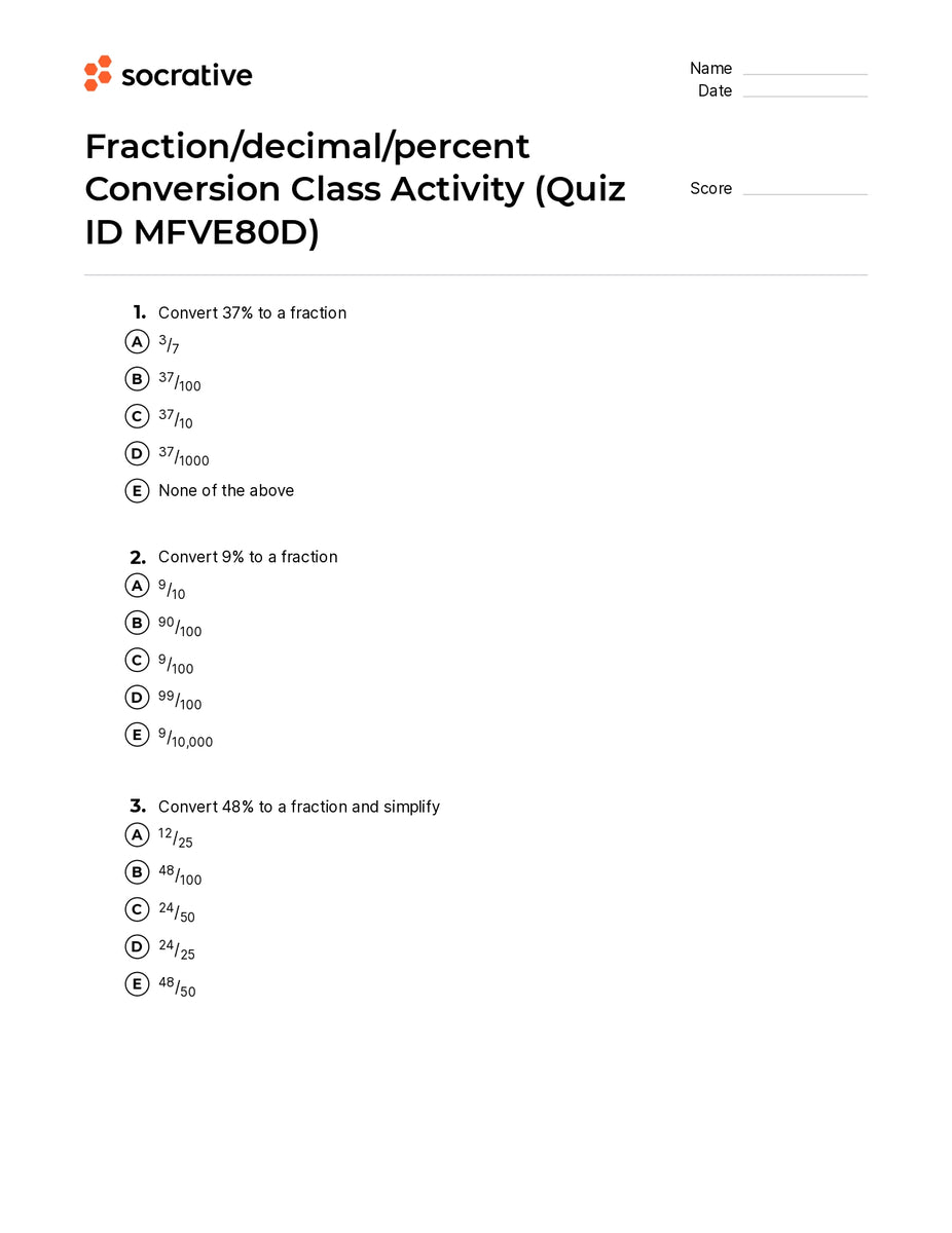 Fraction/Decimal/Percent Conversion Class Activity – Quiz Shop