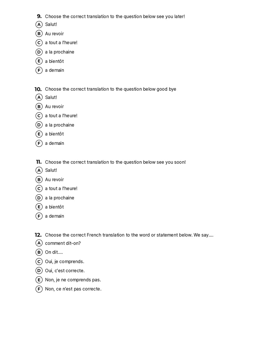 French 1--Preliminary Test--1 – Quiz Shop