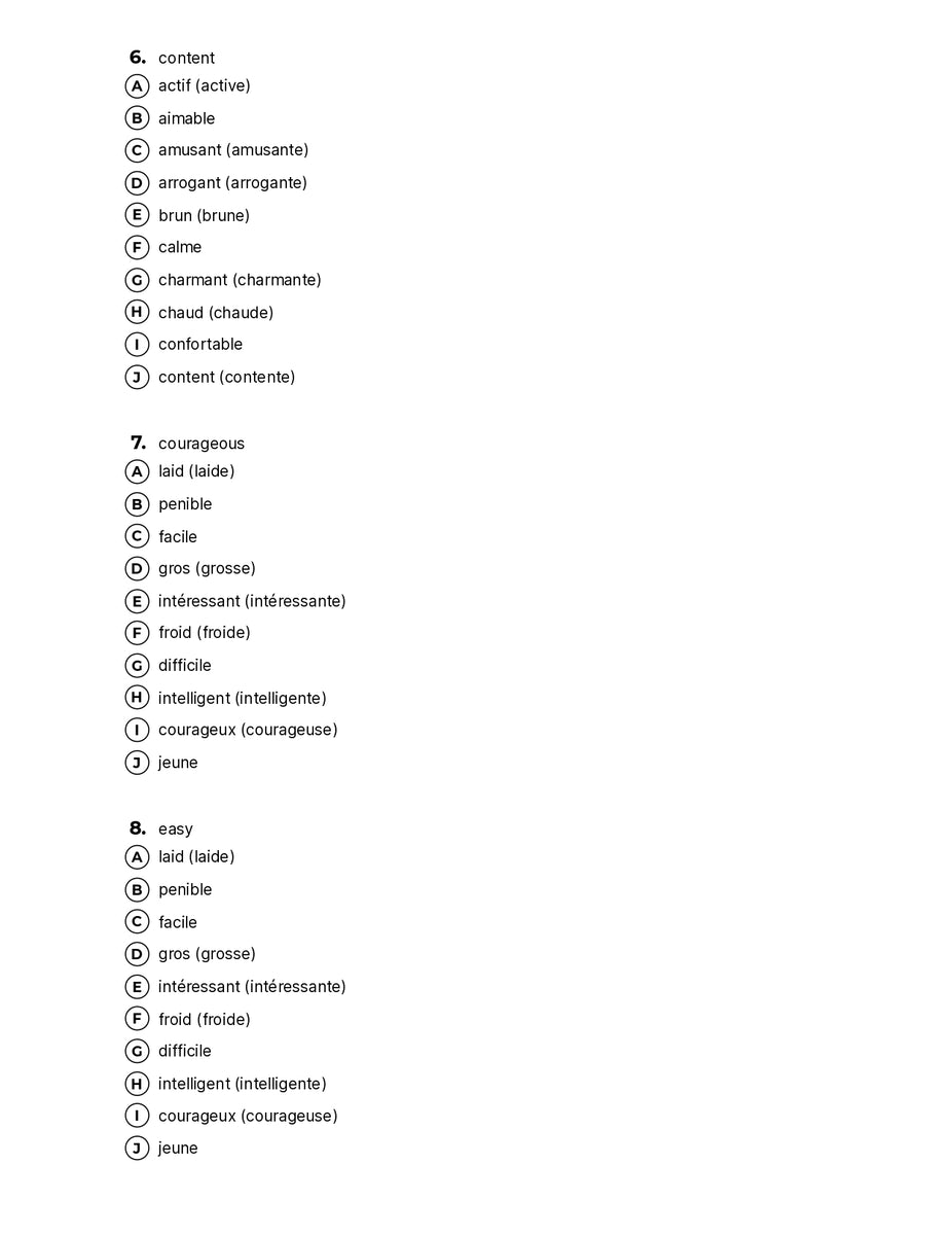 French 1 Adjectives (Basic) – Quiz Shop