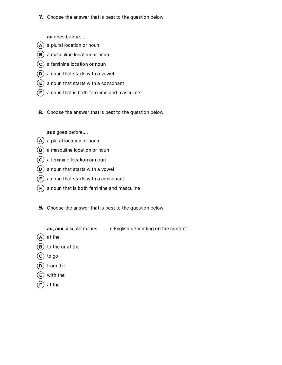French 1 Contractions With À – Quiz Shop