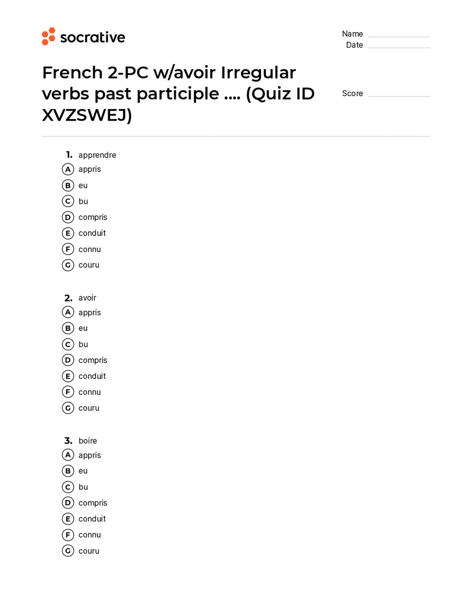 French Past Participle GCSE French Regular ER Verbs Practice: