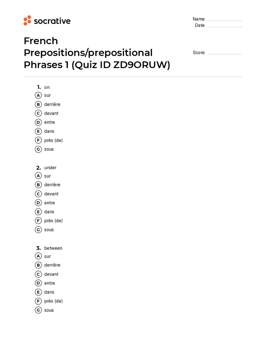 French Prepositions/Prepositional Phrases 1 – Quiz Shop