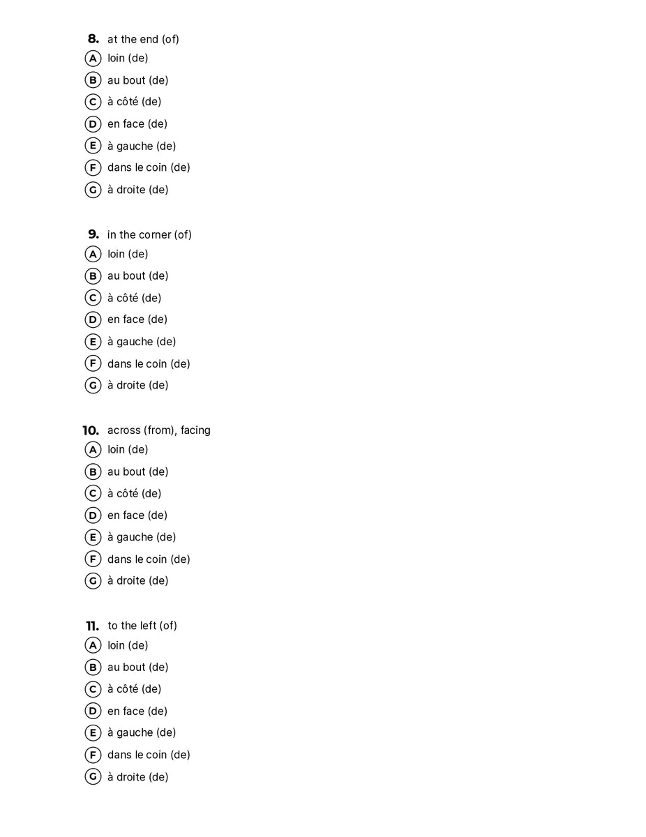 French Prepositions/Prepositional Phrases 1 – Quiz Shop