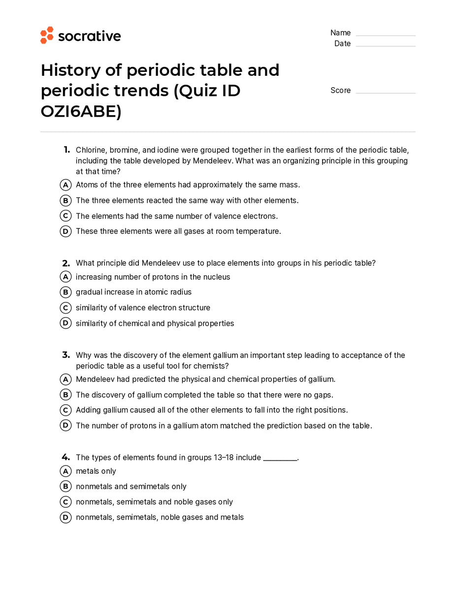 History Of Periodic Table And Periodic Trends – Quiz Shop