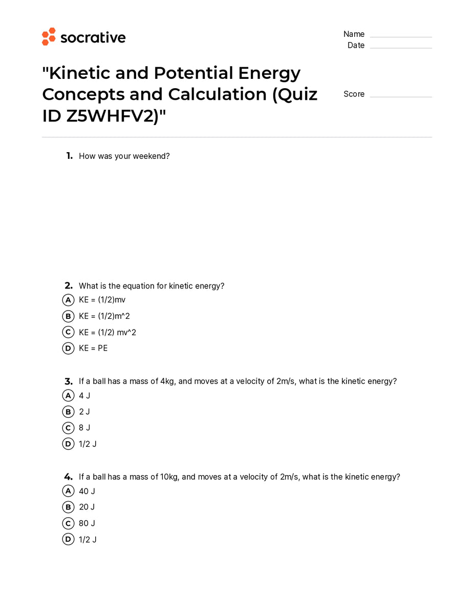 Kinetic And Potential Energy Concepts And Calculation – Quiz Shop