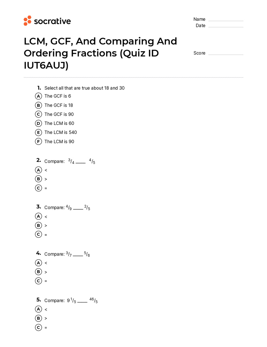 Lcm Gcf And Comparing And Ordering Fractions – Quiz Shop