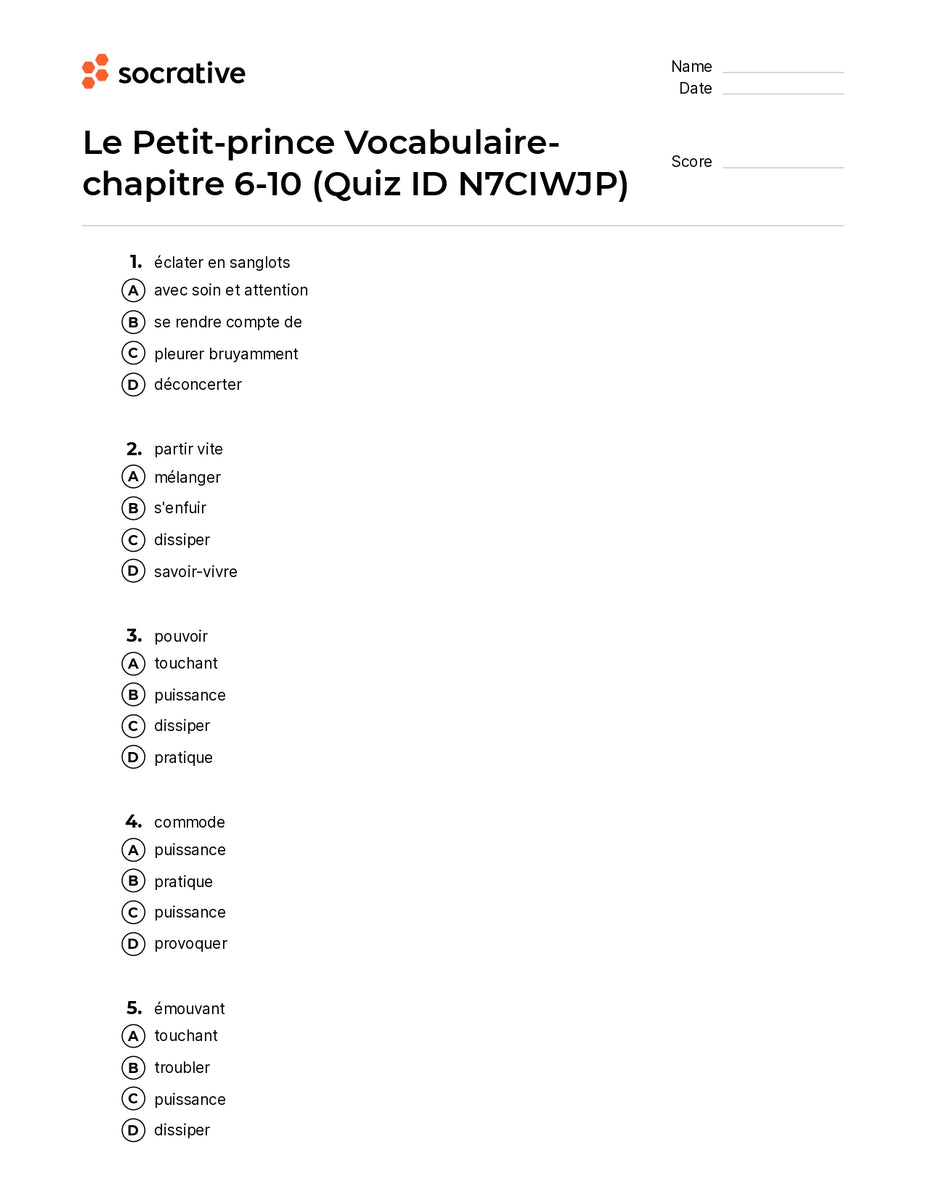 Le Petit-Prince Vocabulaire-Chapitre 6-10 – Quiz Shop