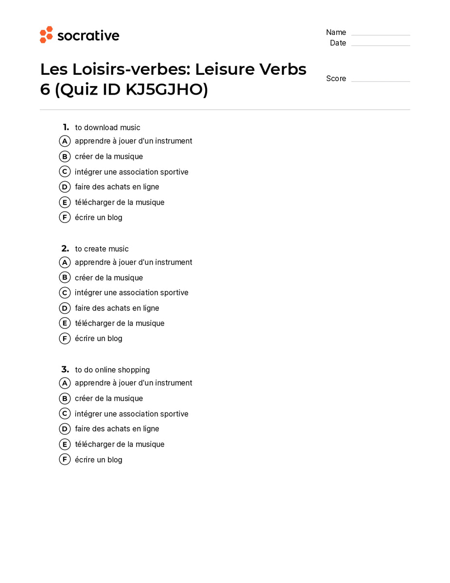 Les Loisirs-Verbes Leisure Verbs 6 – Quiz Shop