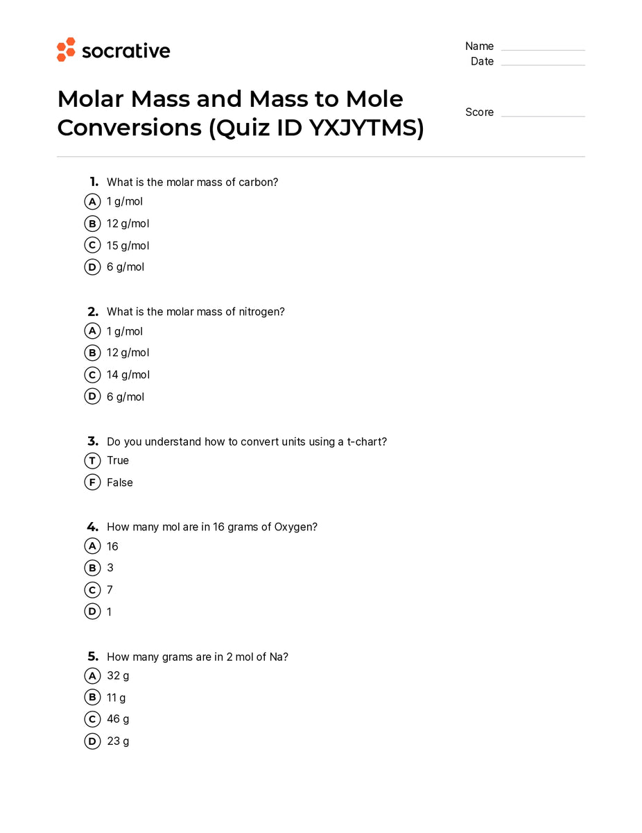 Molar Mass And Mass To Mole Conversions – Quiz Shop
