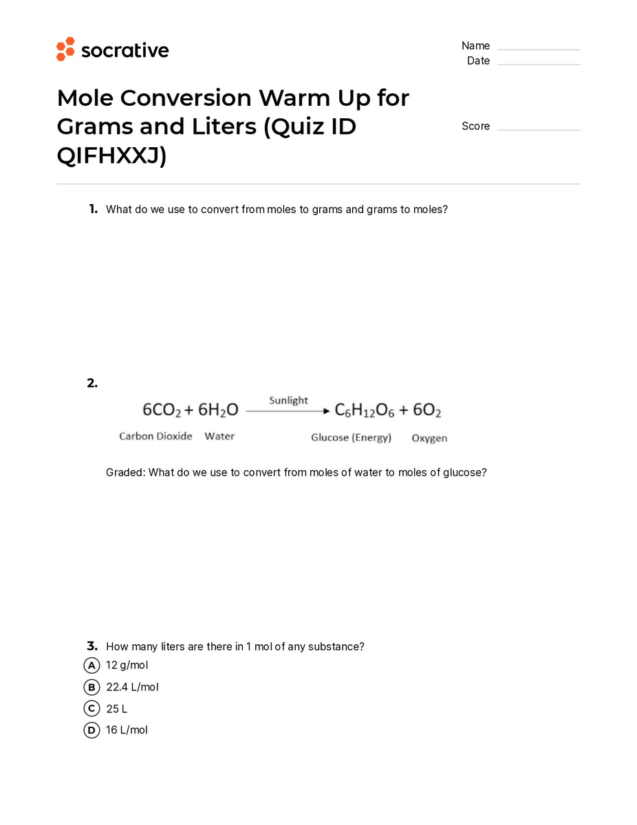 Mole Conversion Warm Up For Grams And Liters – Quiz Shop