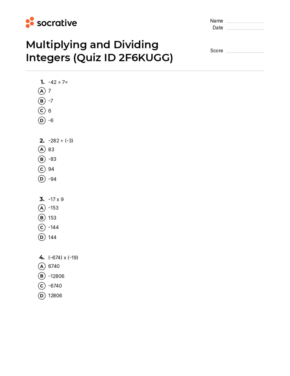Multiplying And Dividing Integers – Quiz Shop