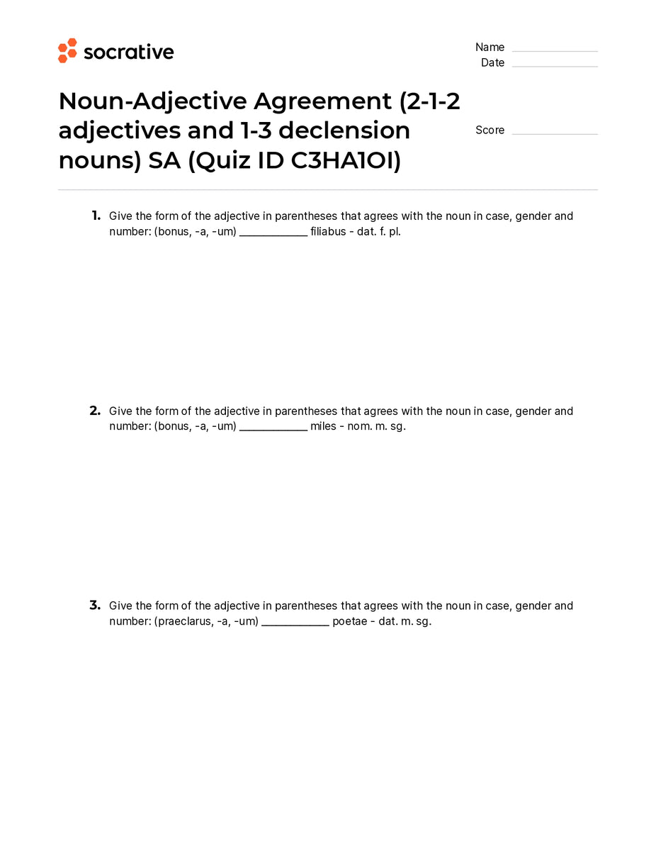 Noun-Adjective Agreement (2-1-2 Adjectives And 1-3 Declension Nouns) S ...