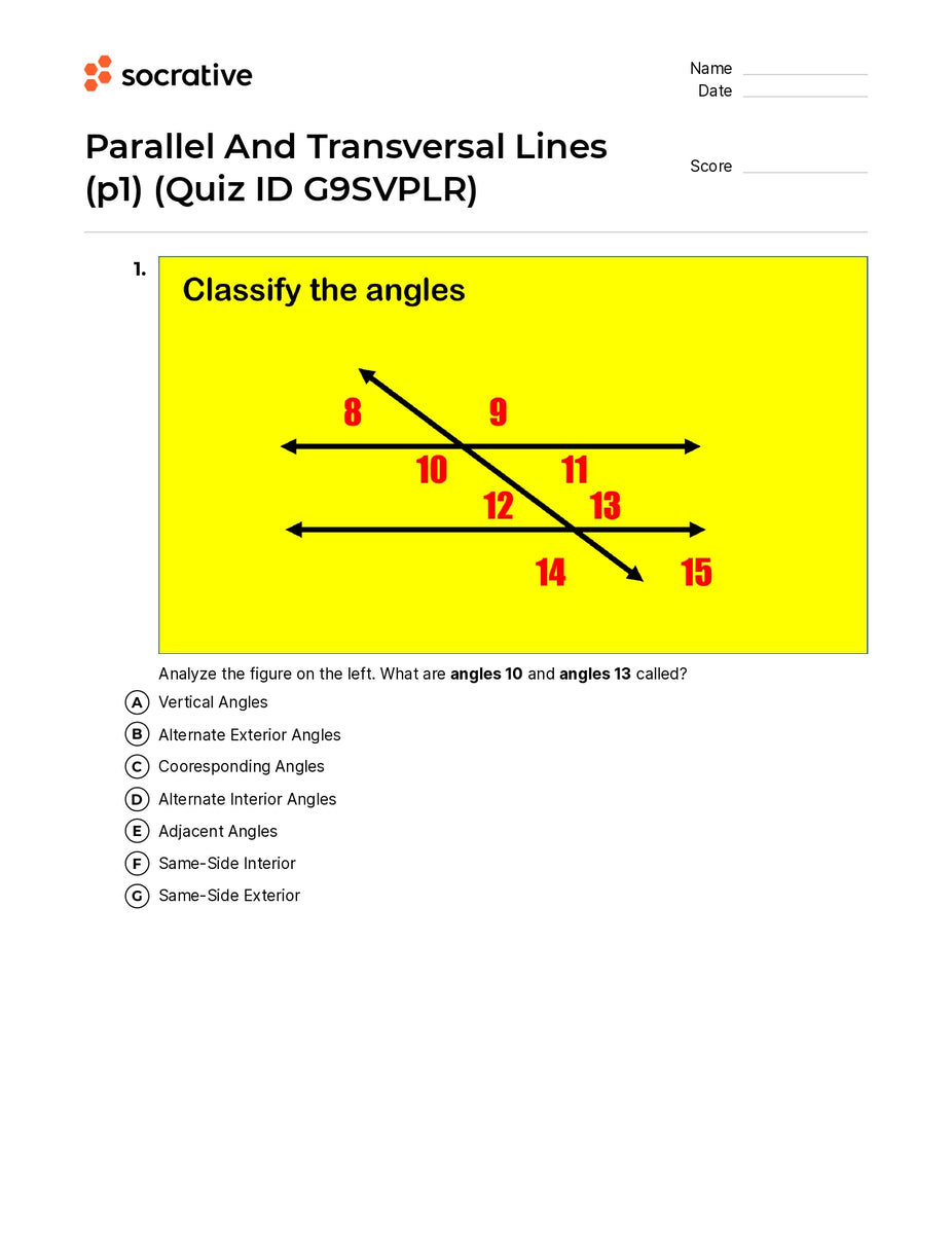 Parallel And Transversal Lines (P1) – Quiz Shop