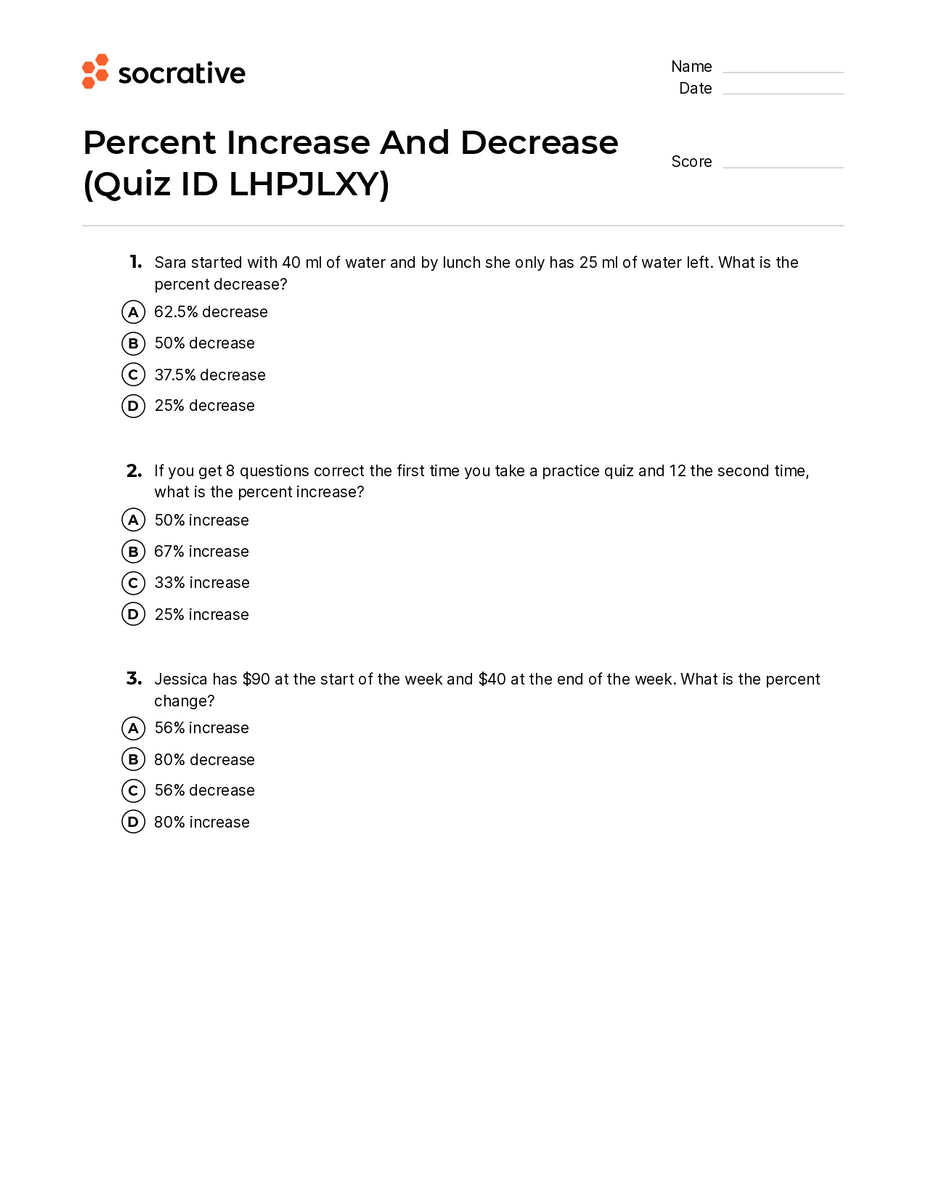 Percent Increase And Decrease – Quiz Shop