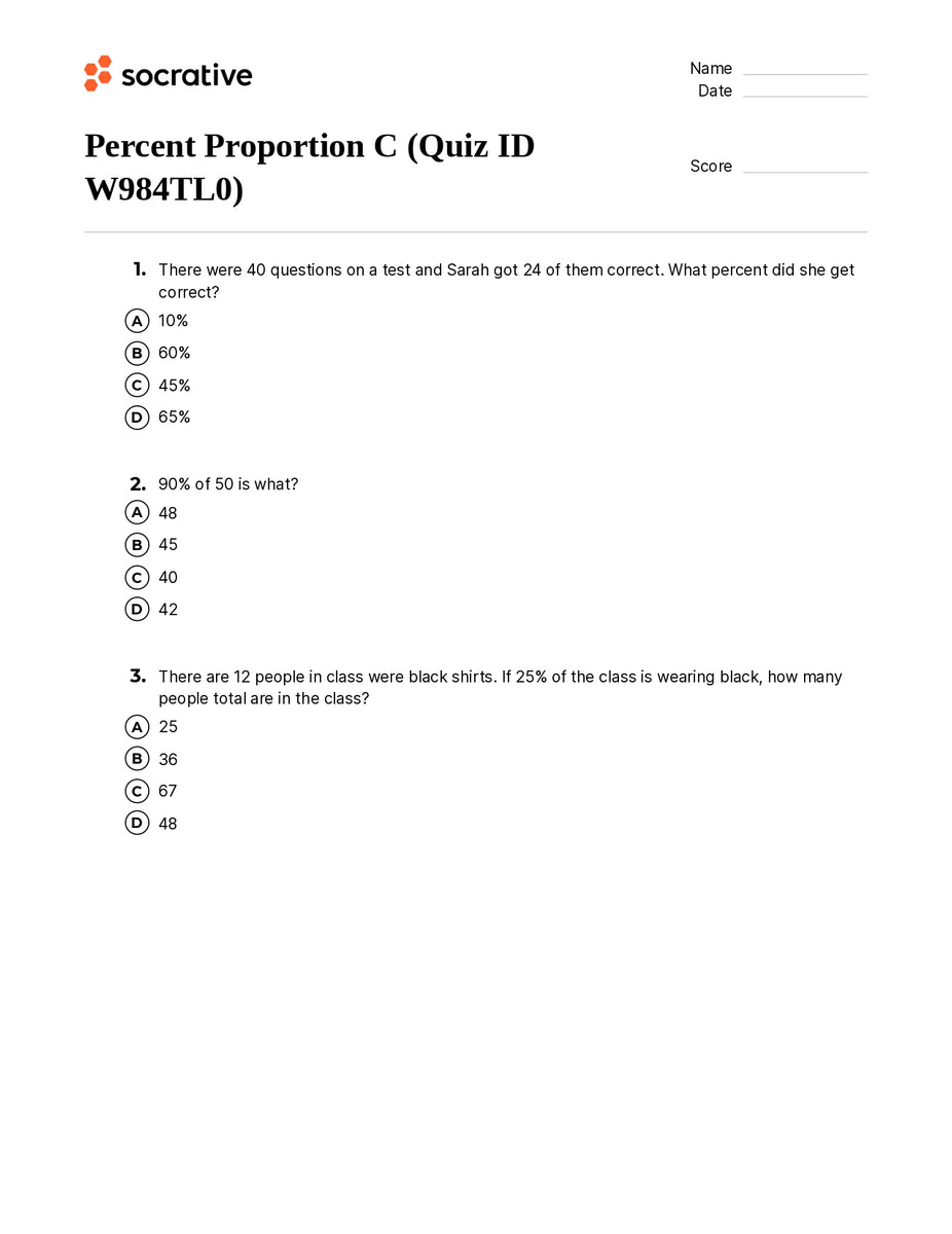 Percent Proportion C – Quiz Shop