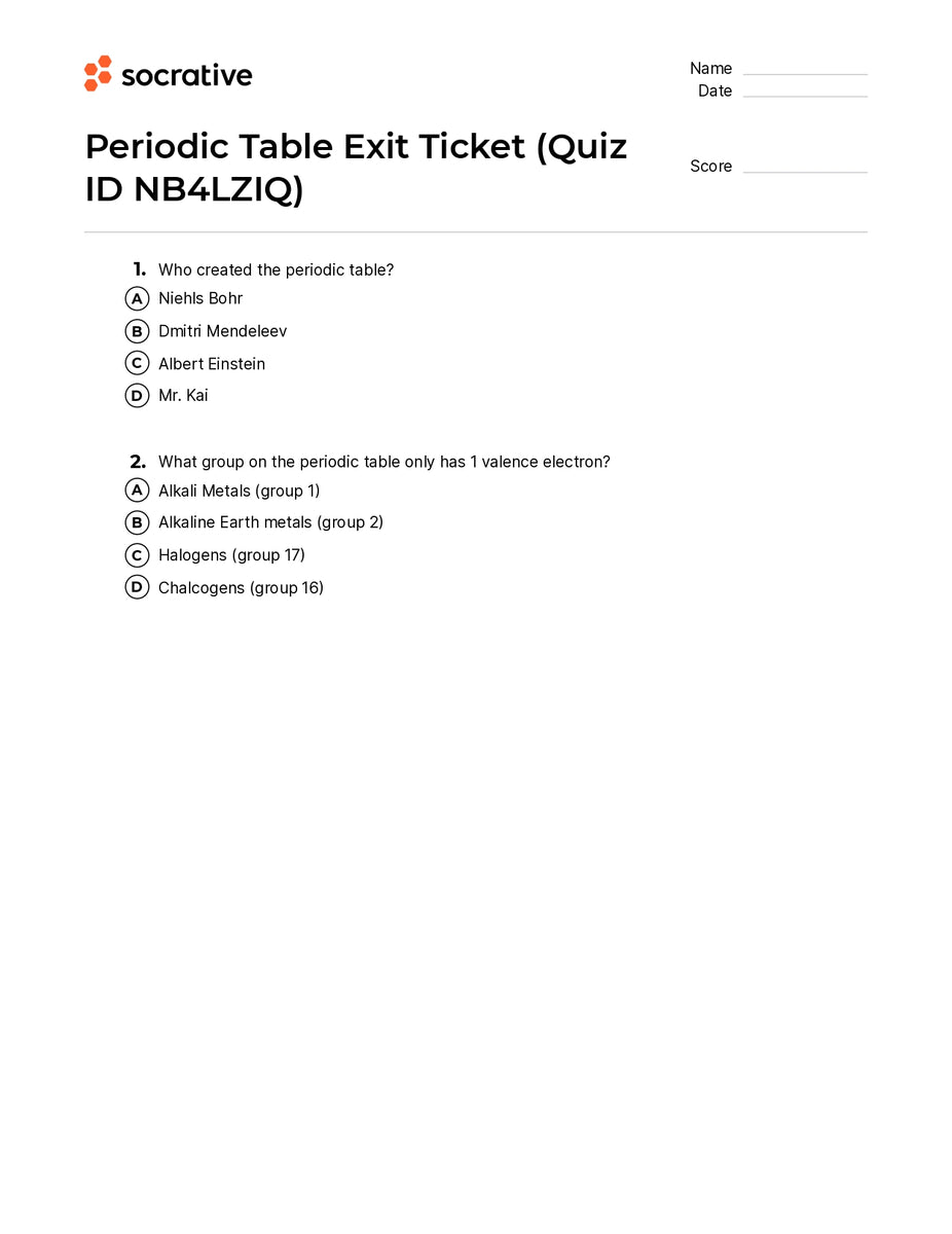 Periodic Table Exit Ticket – Quiz Shop