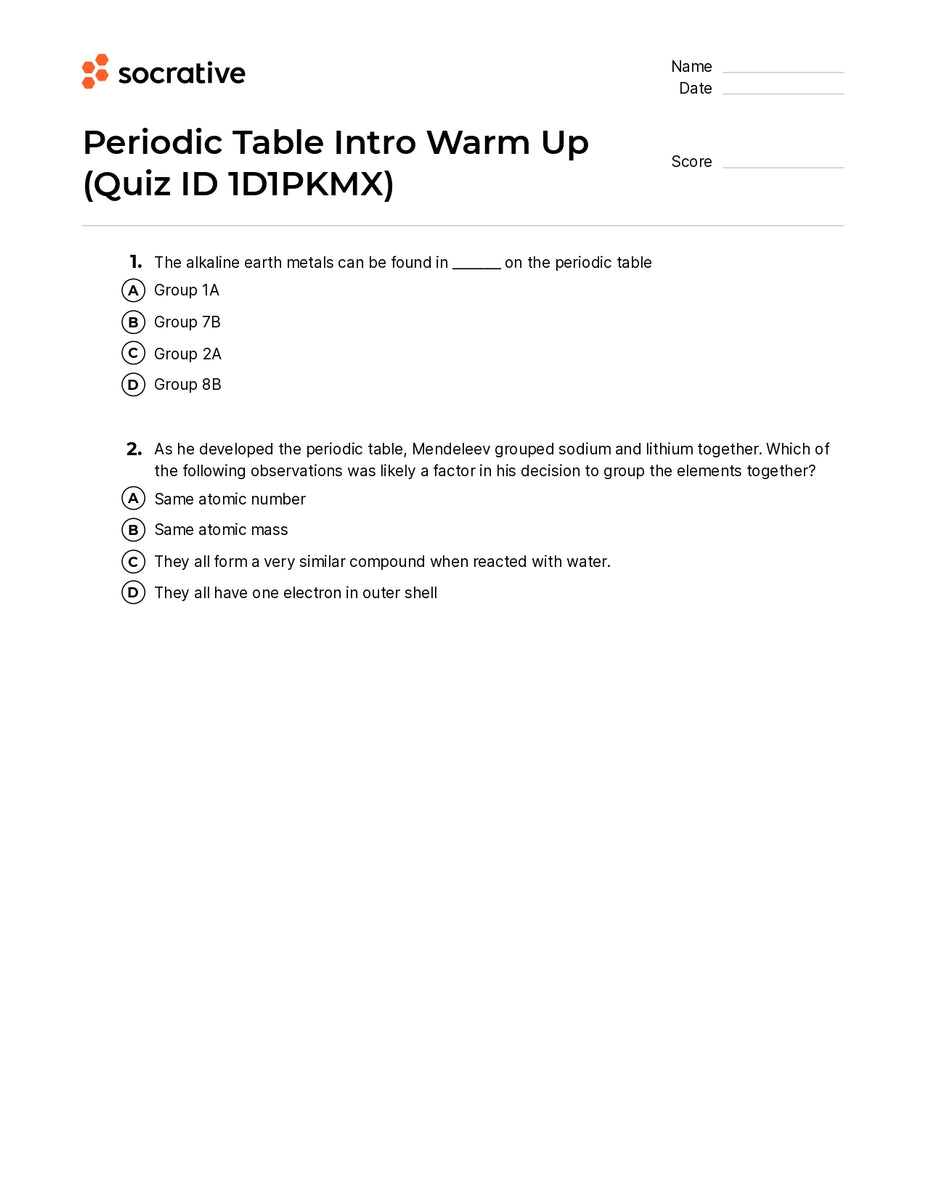 Periodic Table Intro Warm Up – Quiz Shop