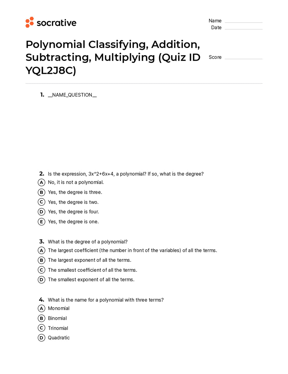 Polynomial Classifying Addition Subtracting Multiplying – Quiz Shop