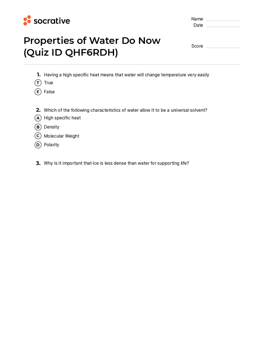 Properties Of Water Do Now – Quiz Shop